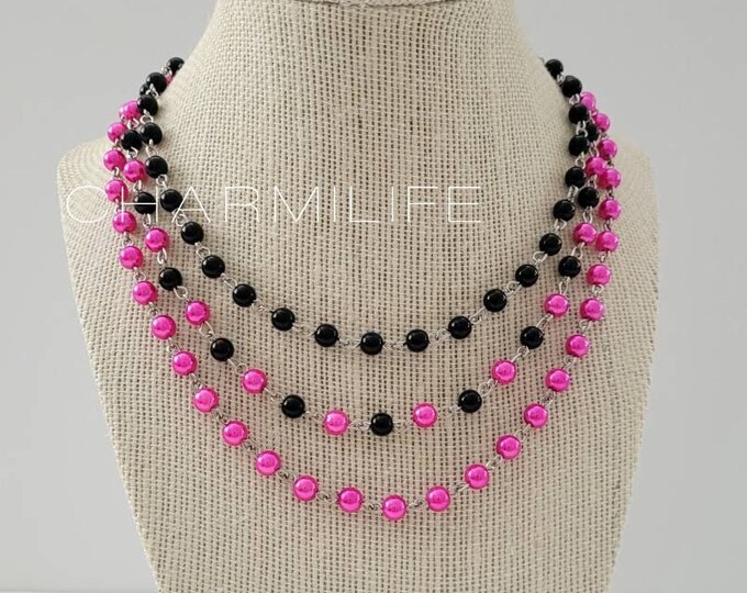 Hot Pink Pearl Choker Beaded Chain Rosary Simple Necklace Black Boho ...