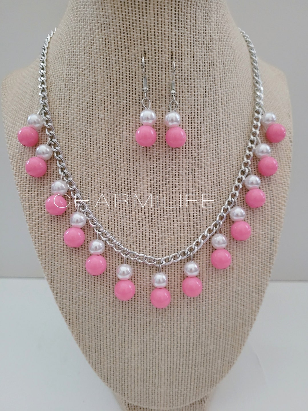 Bubblegum Pink Necklace Set, White Pearl Necklace, Statement Necklaces ...