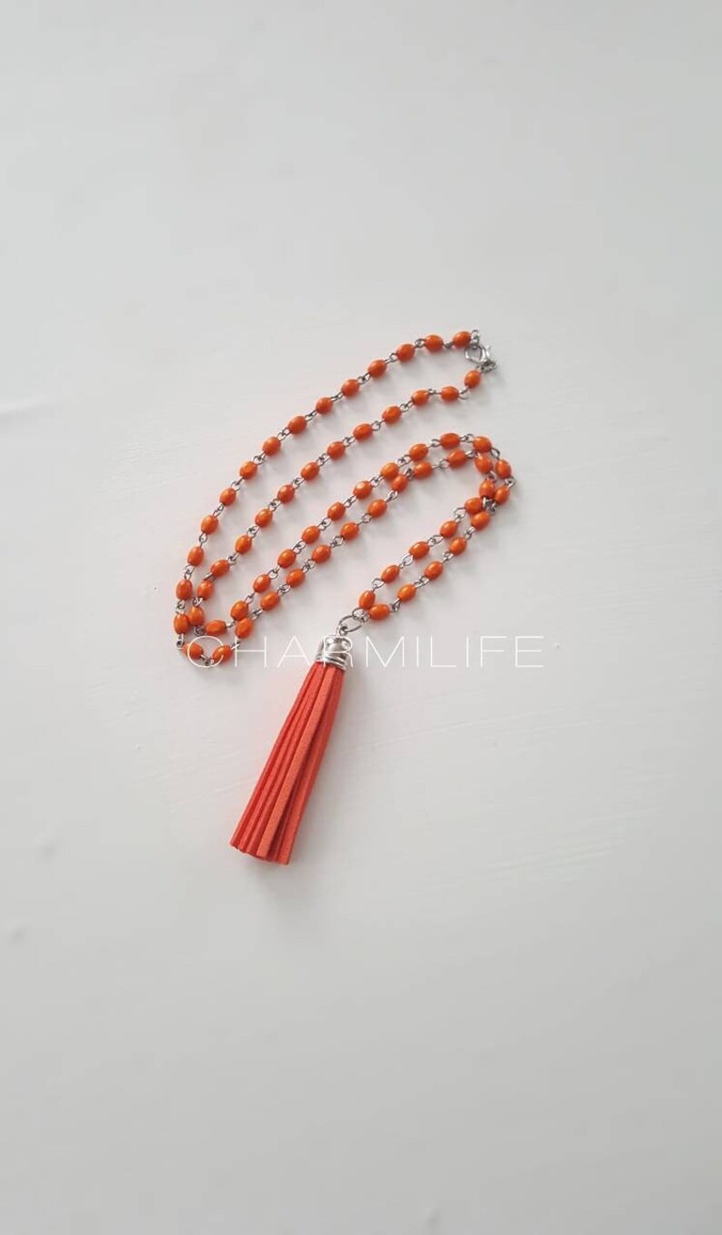 Orange Wood Beaded Tassel Necklace Layering Necklaces for - Etsy
