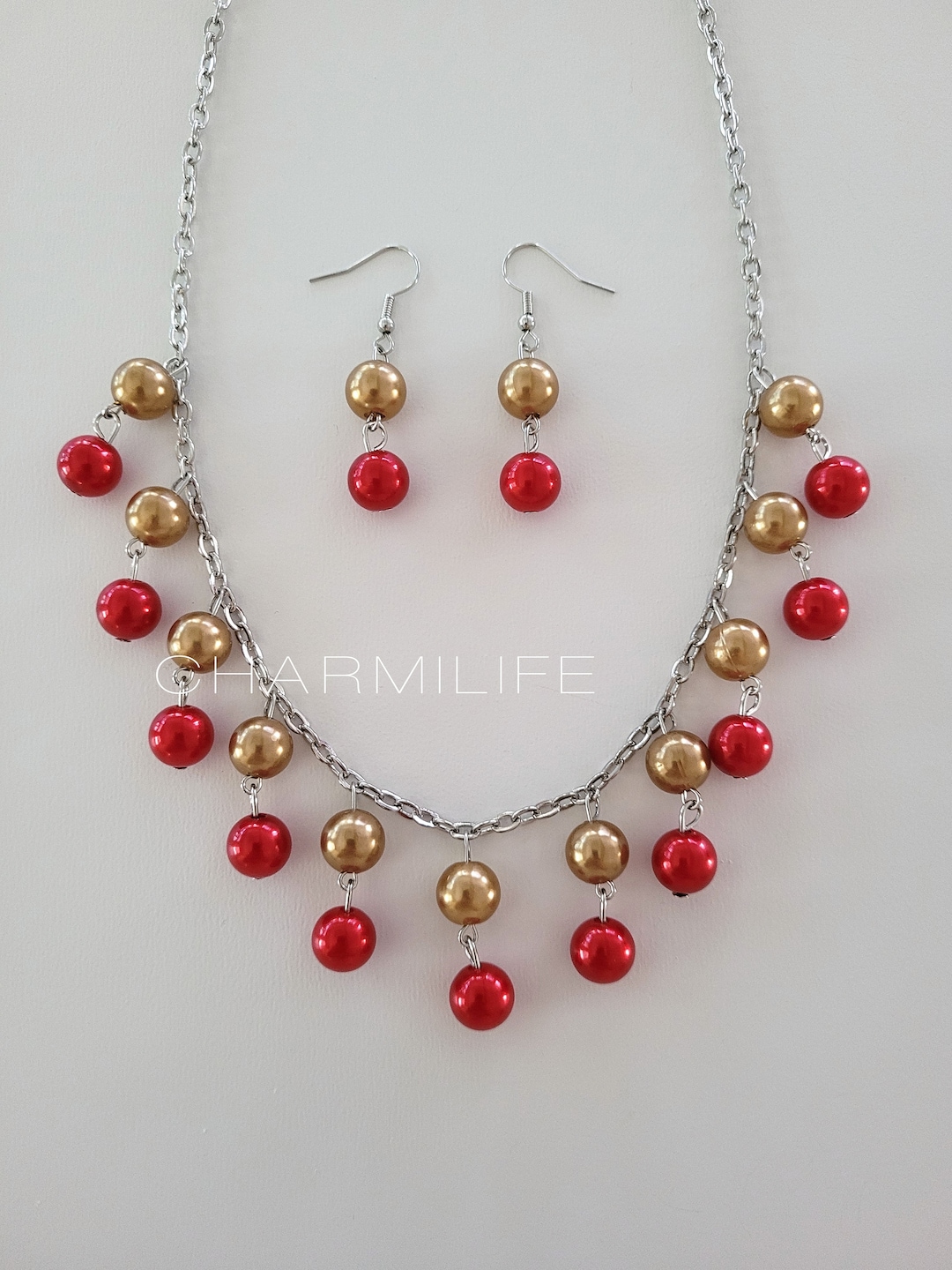 Red and Rustic Gold Pearl Necklace With Earrings, Chunky Pearl Necklace ...