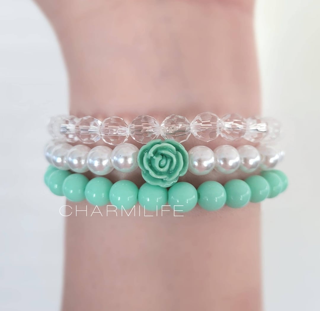3 Beaded Bracelets Set Mint Green Flower Bracelet White - Etsy