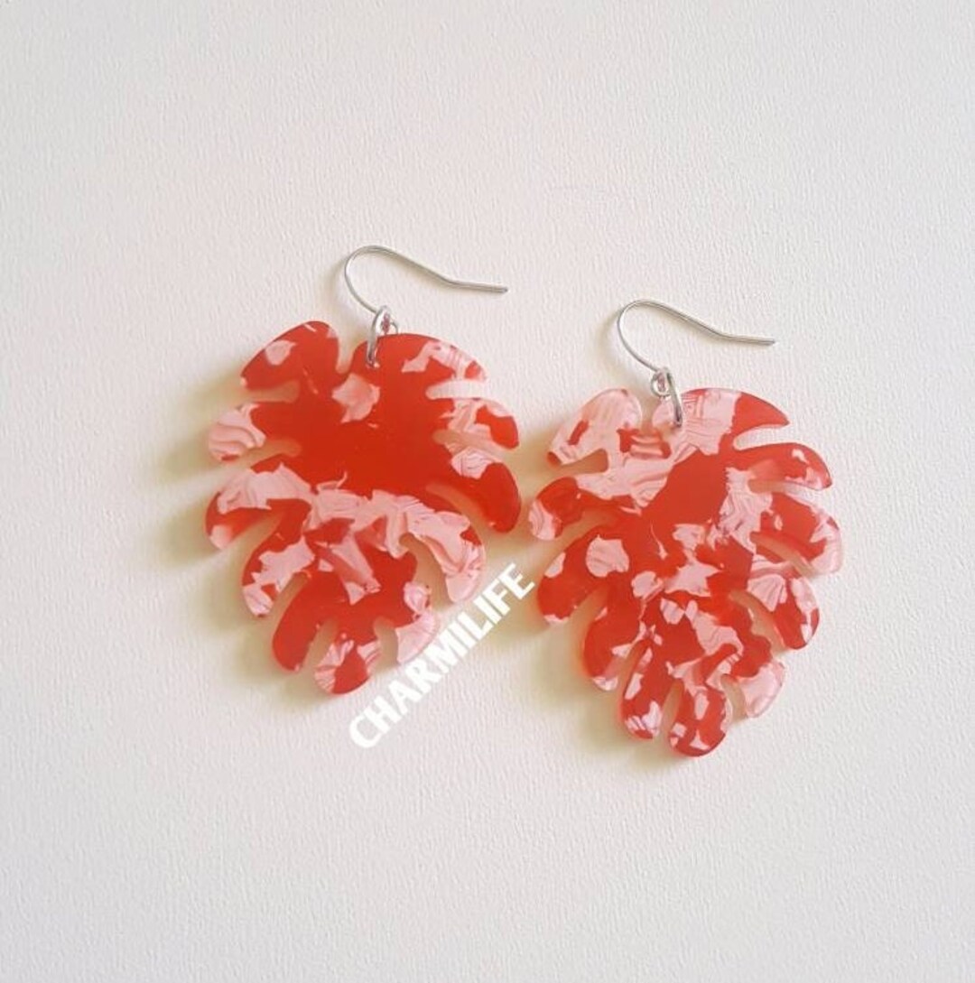 Bright Red Monstera Leaf Earrings Statement Earrings Tortoise Shell ...
