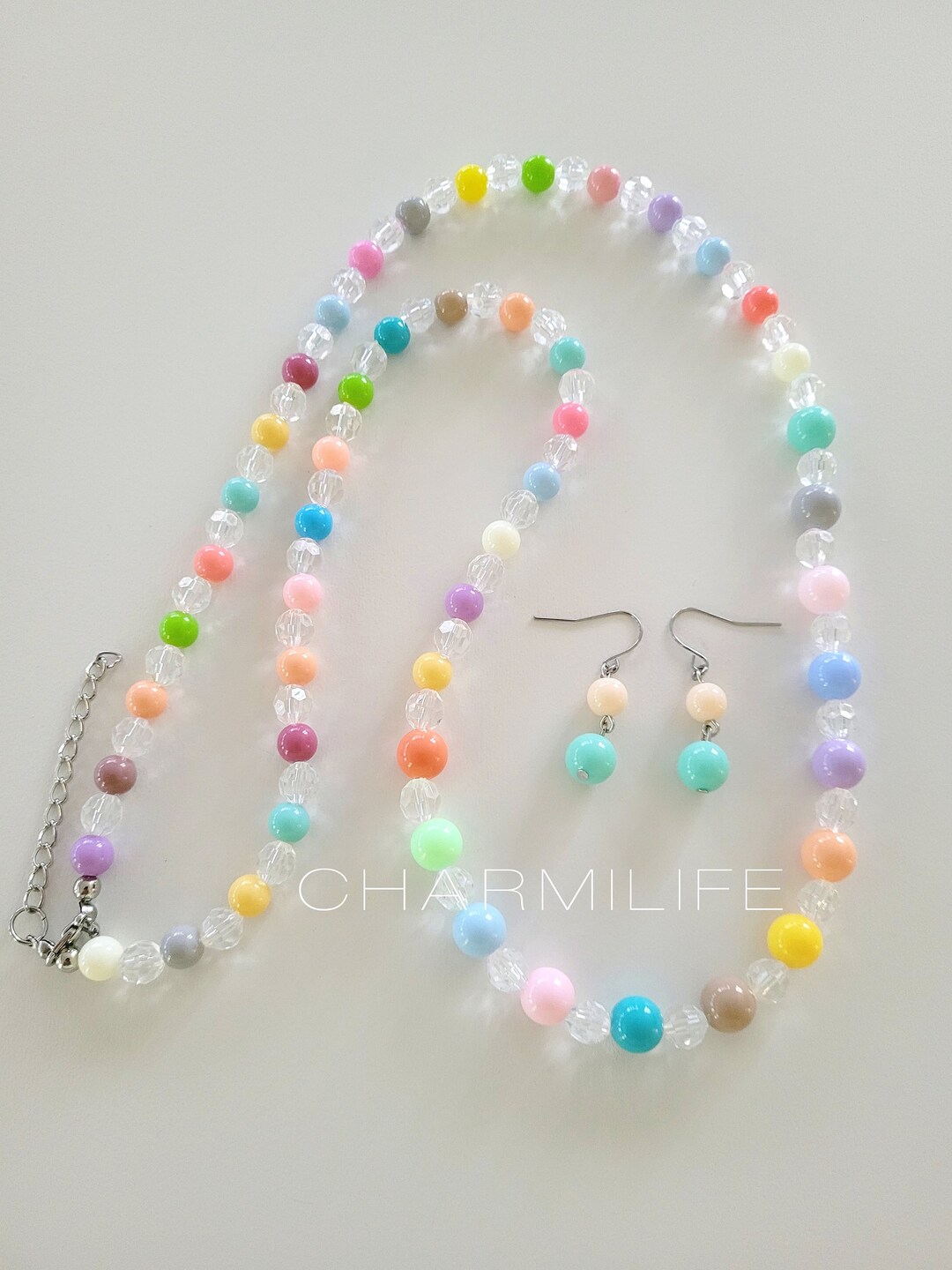 30" Long Multi Color Beaded Necklace With Earrings, Statement Necklaces ...