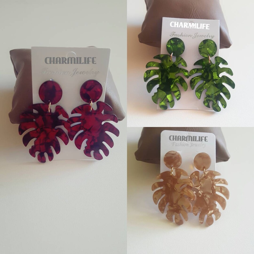 Tortoise Shell Monstera Leaf Stud Earrings, Red Statement Earrings ...