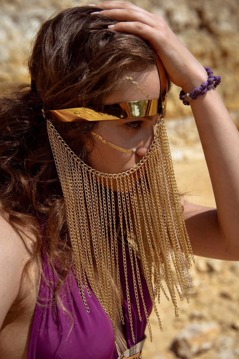 FACE CHAIN MASK Gold Face veil Head chain Burning man mask | Etsy