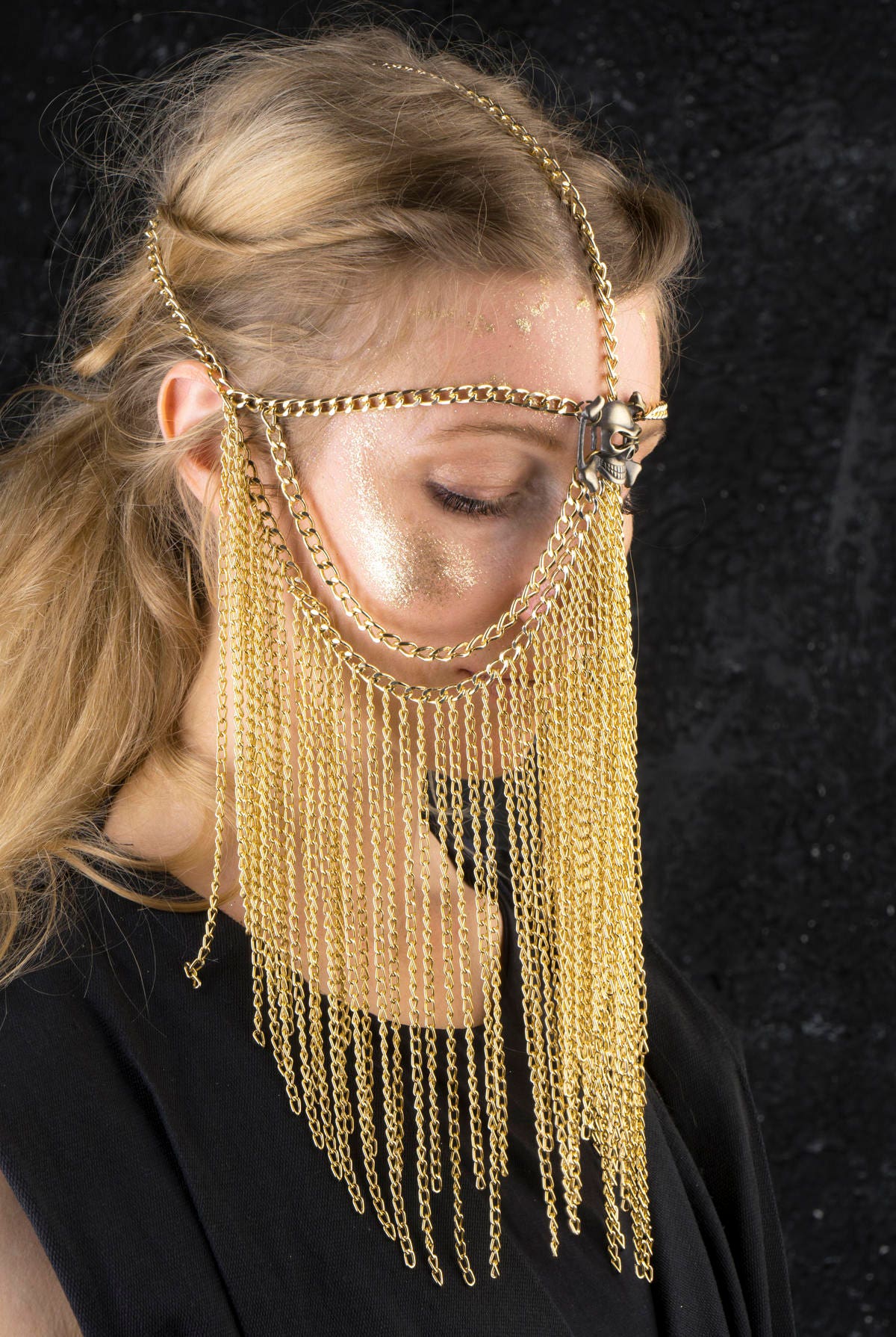 FACE CHAIN MASK Gold Face veil Head chain Burning man mask | Etsy