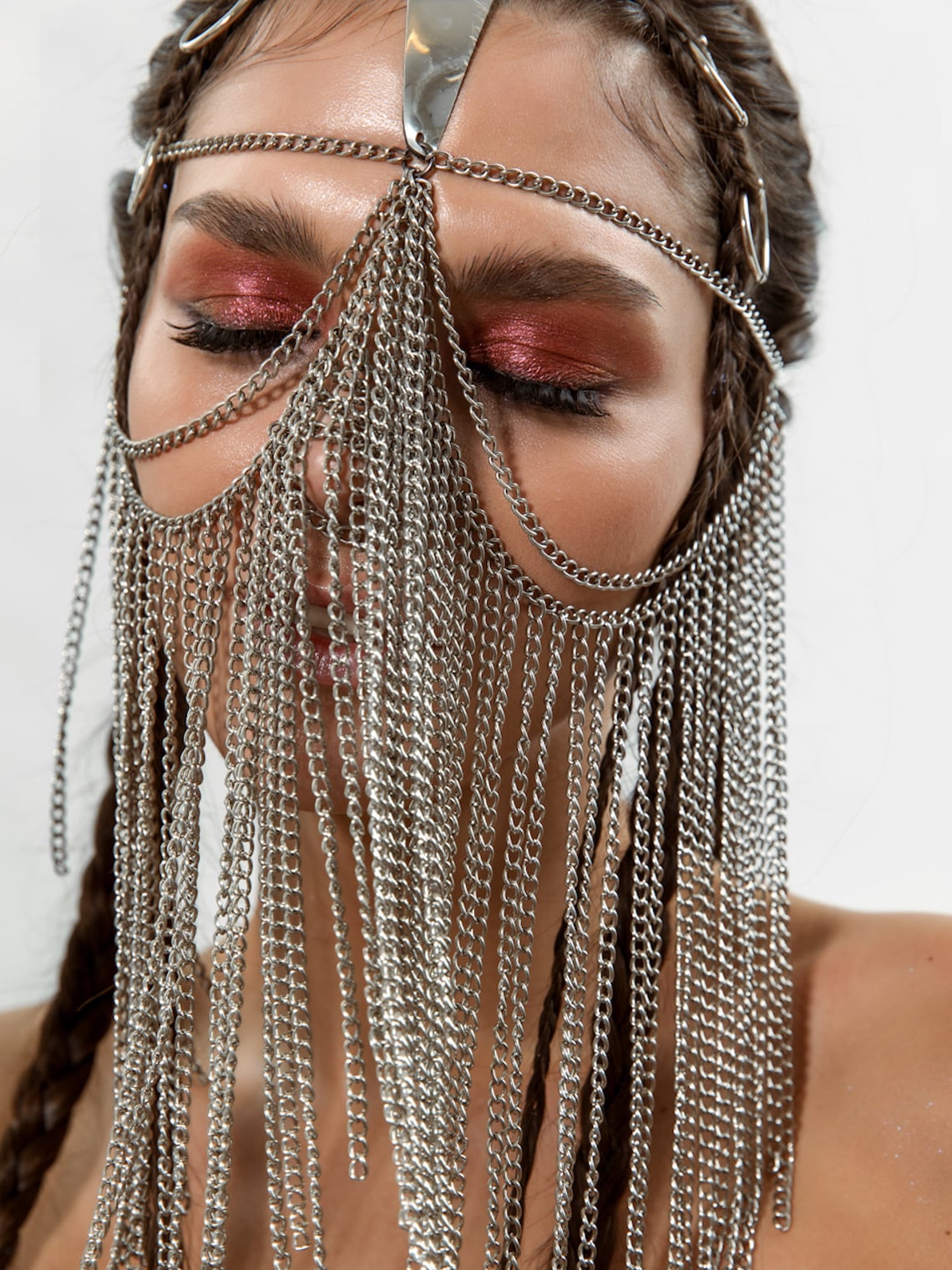 Gold Face chain mask with leather element Face veil Head chain | Etsy