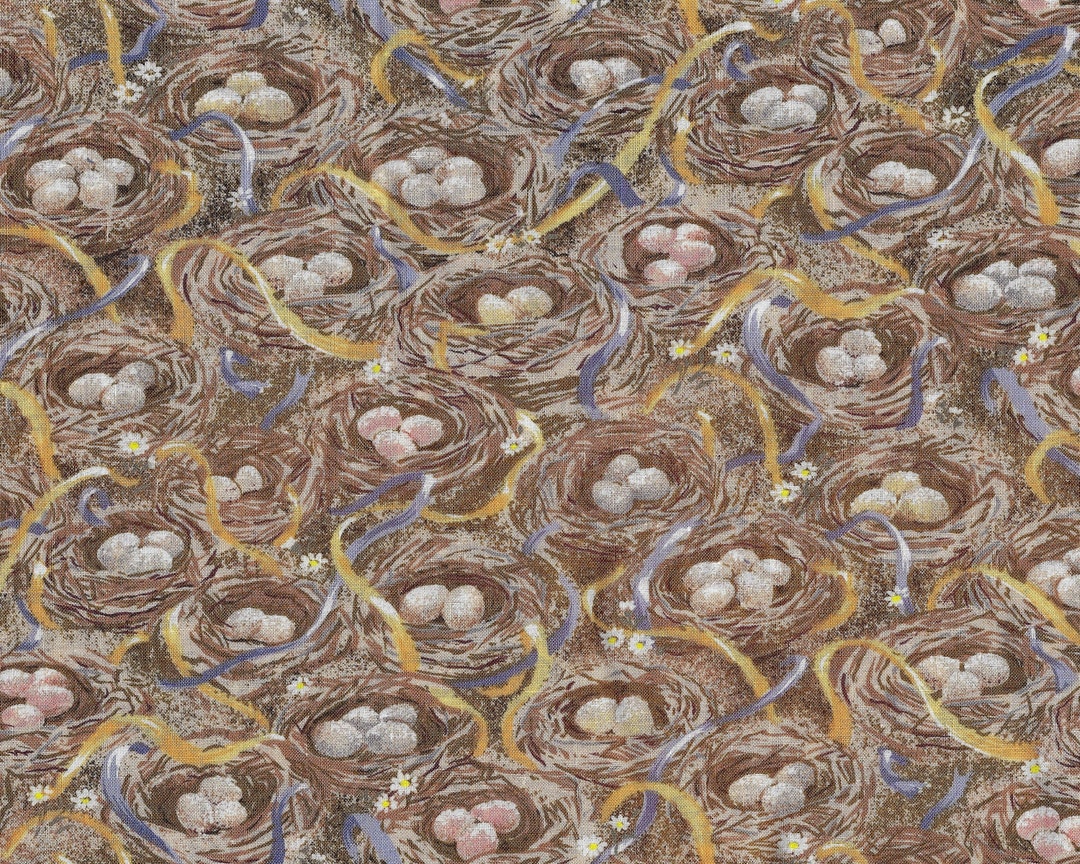 Fabric, Bird Nests With Eggs, Ribbons & Flowers, Brown, Yellow, Blue by ...