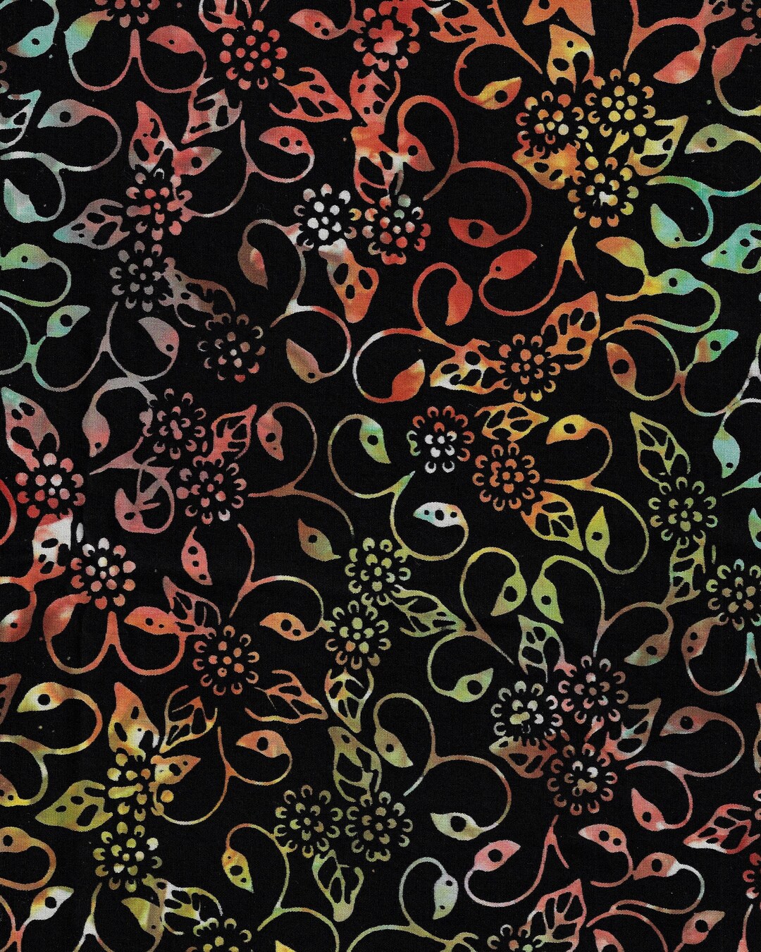 Princess Mirah Batik Fabric, Flowers/leaves in Green, Orange, Yellow ...