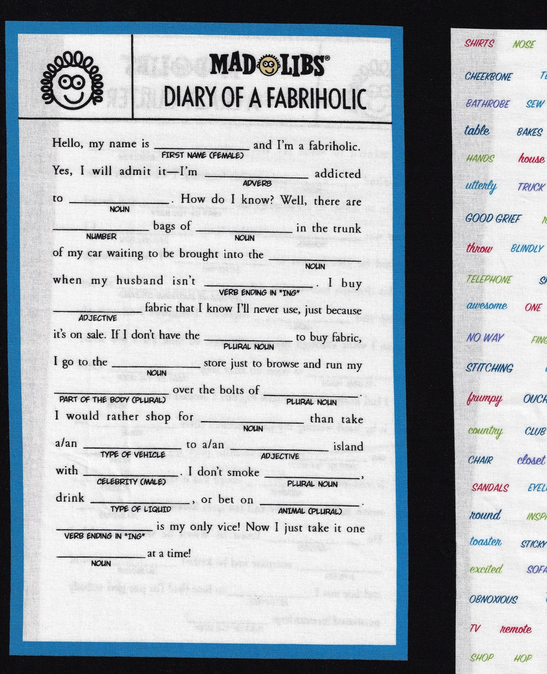 Fabric, Mad Libs by Timeless Treasures, 6 Different Frames per Panel ...