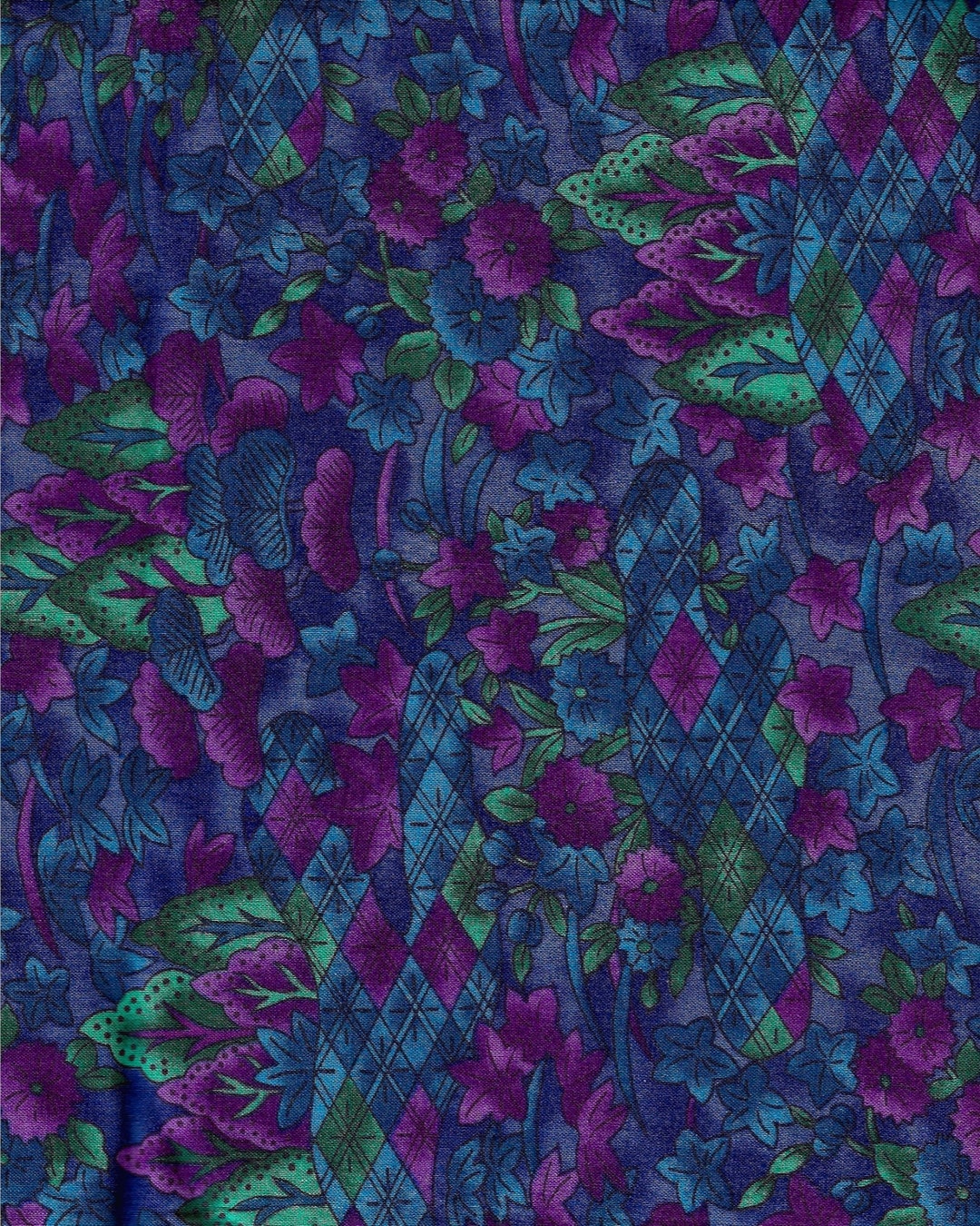 Vintage Hoffman Fabric, Woodblocks, Trees, Leaves & Grids in Purple ...