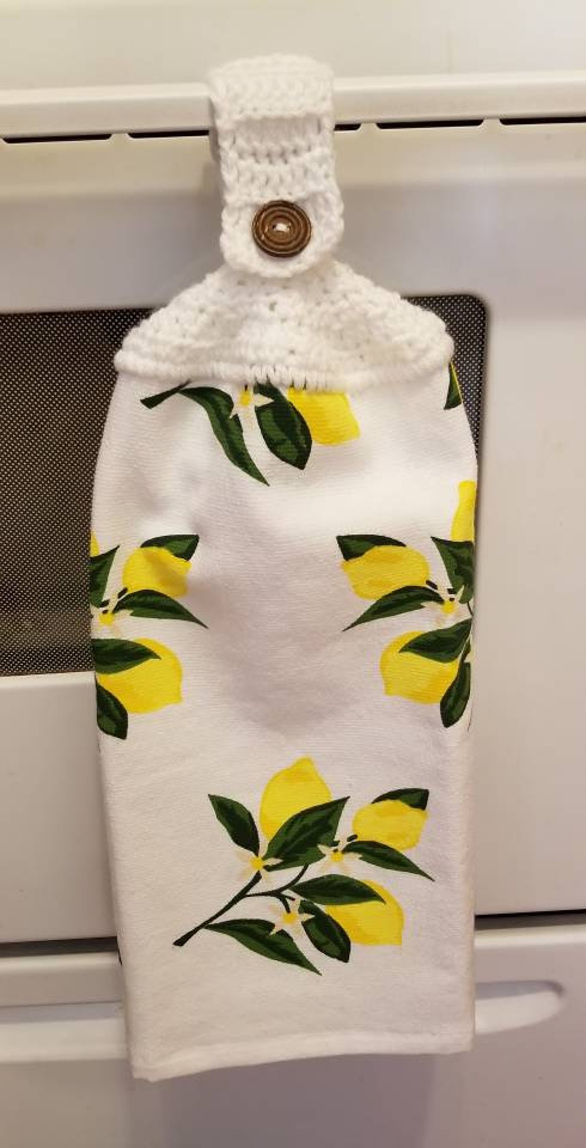 Lemon Towel With Crocheted Top, Hanging Towel, Lemon Decor, Spring or ...