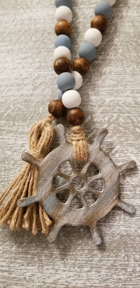 Nautical Coastal wood bead garland blue brown white hand | Etsy