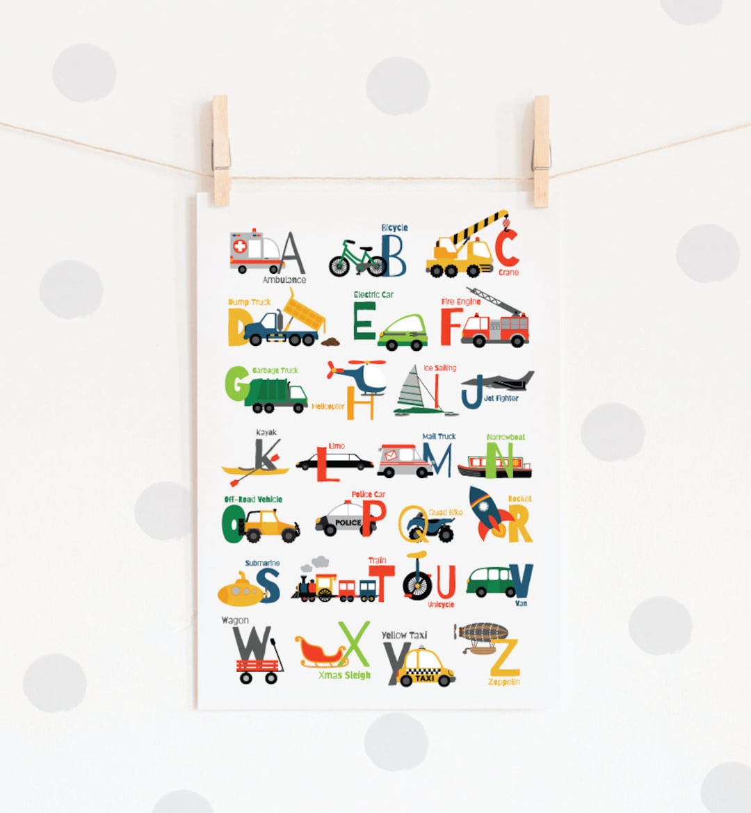 Alphabet Transport Car Digger Tractor Wall Print - Etsy