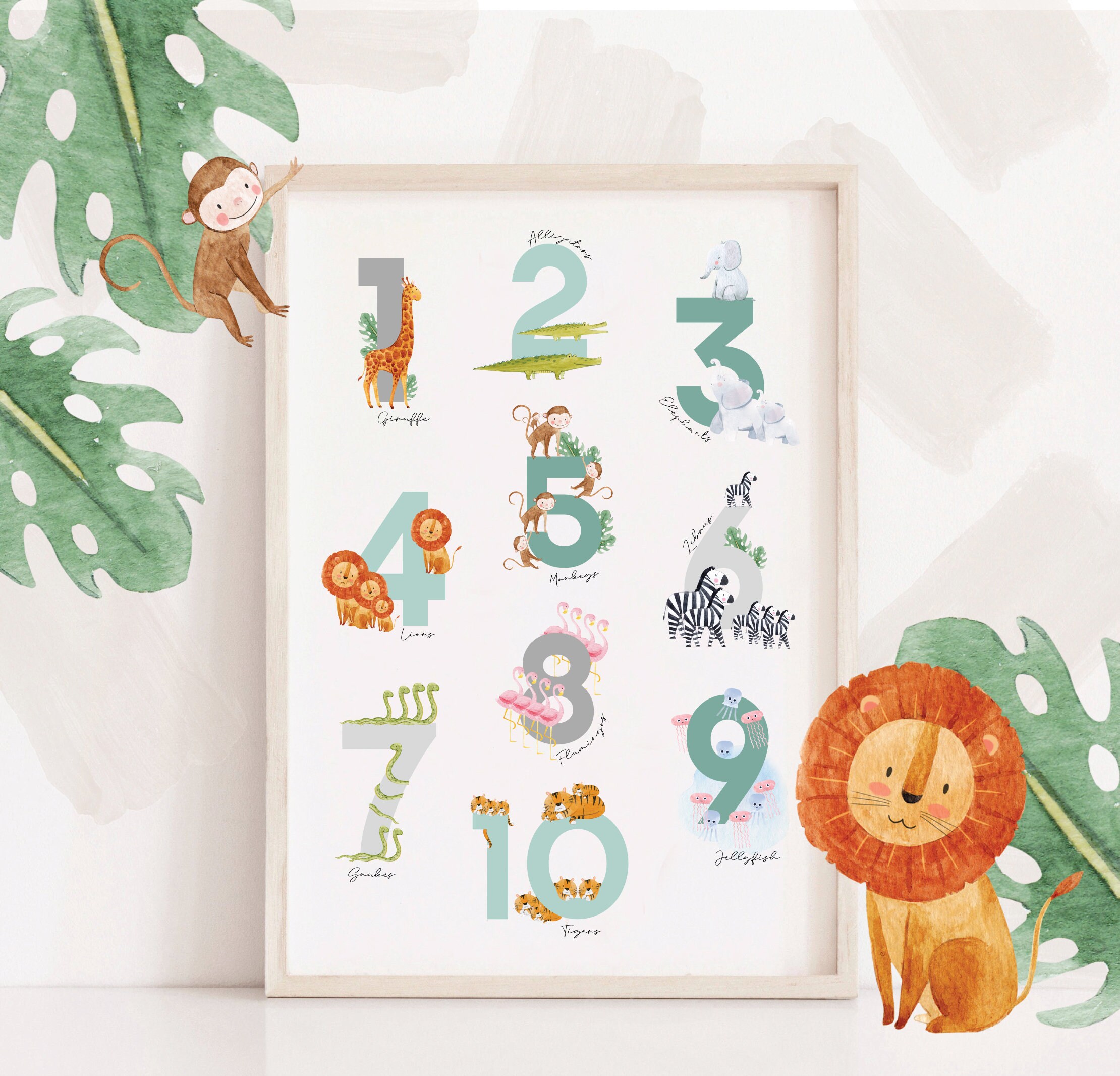 Duck Egg / Mint & Grey Watercolour Animal Counting Number Wall - Etsy