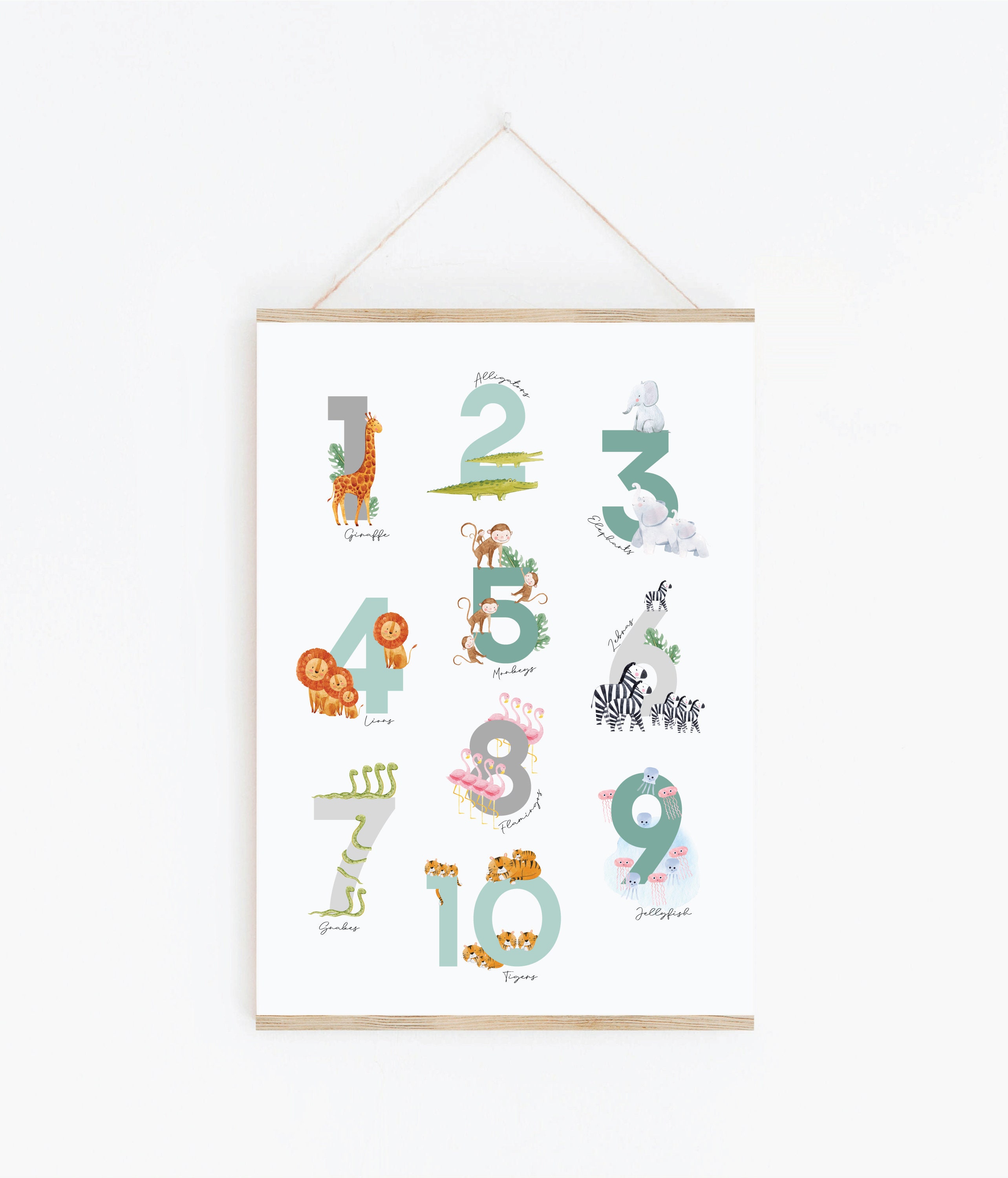 Duck Egg / Mint & Grey Watercolour Animal Counting Number Wall - Etsy