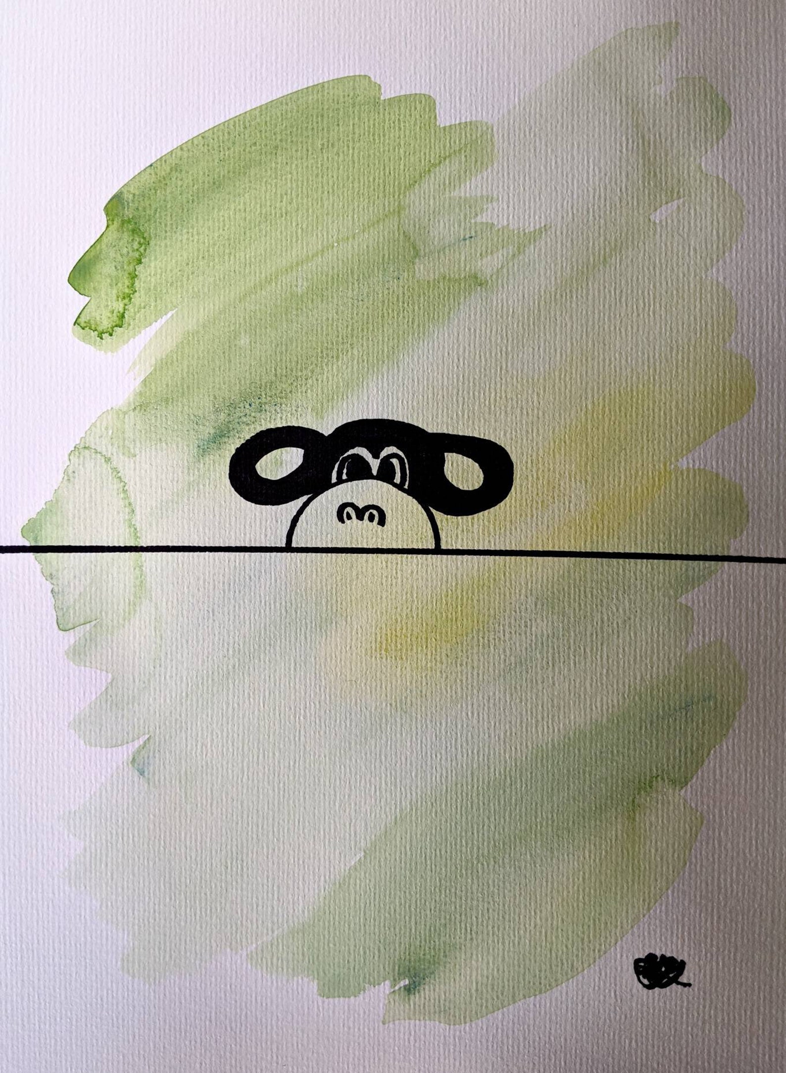 Monkey Head Over Wall, Green Watercolor Painting, Black Marker Drawing ...
