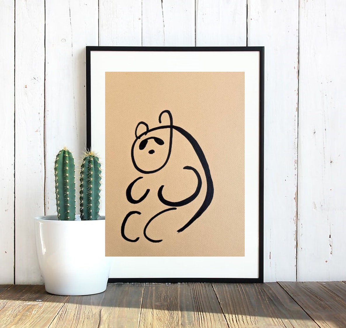 Minimalist Panda Black Marker Drawing on Yellow Mustard - Etsy