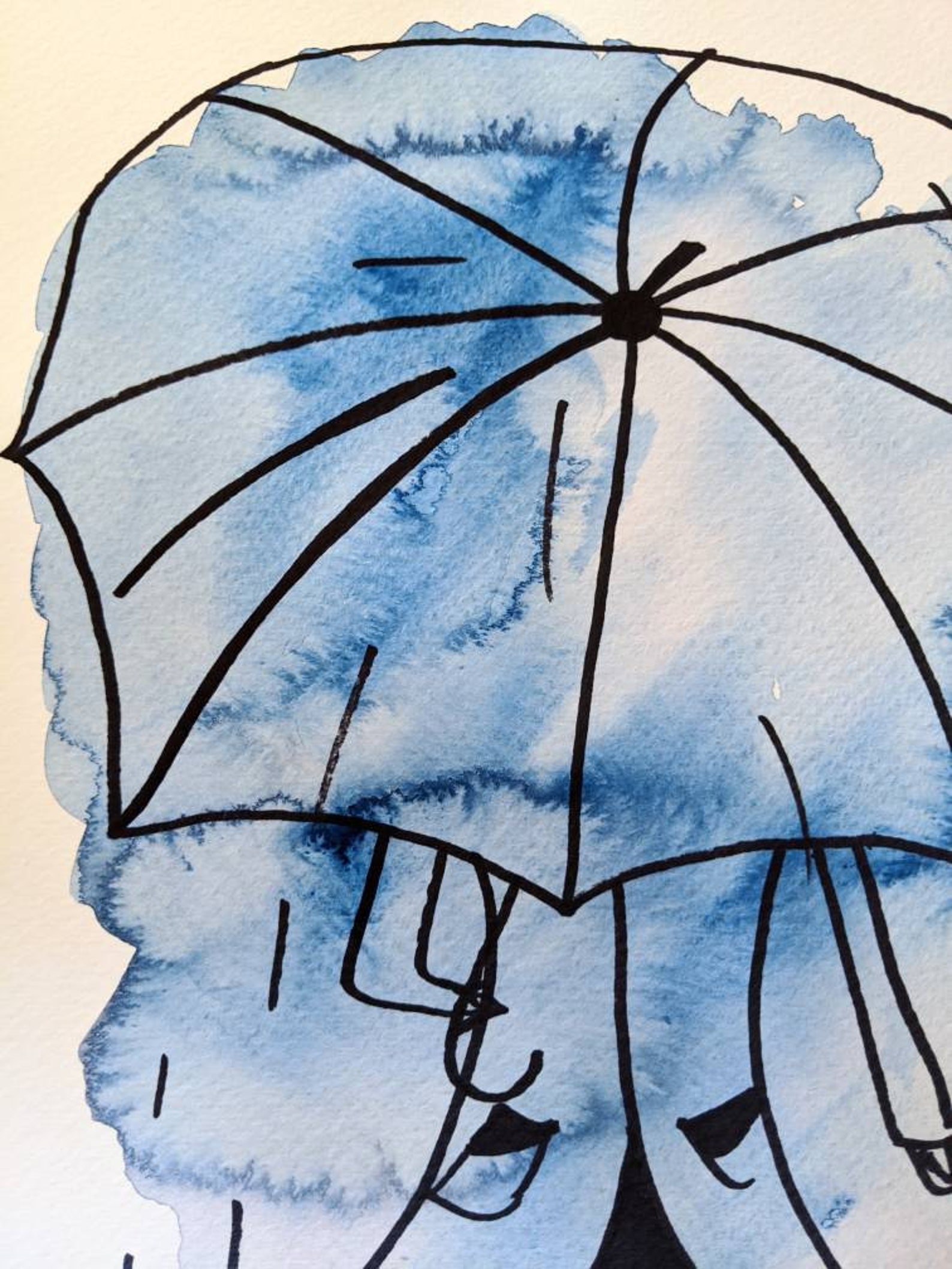 Girl walking in rain watercolor painting black marker | Etsy