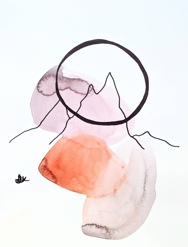 Mountain Sunrise, Black Marker Drawing on Orange Gray Watercolor White ...