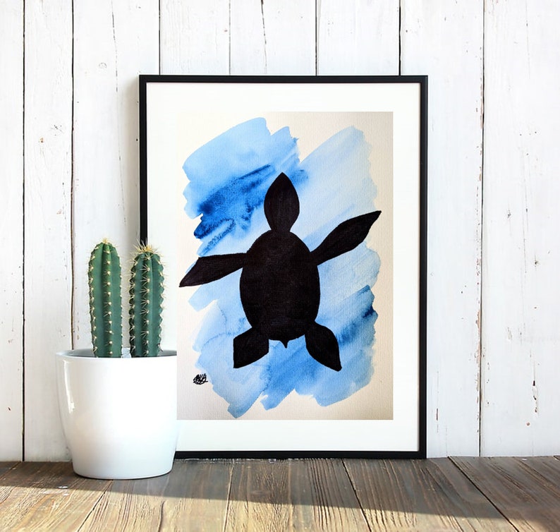 Turtle Blue Watercolor Painting, Black Marker Drawing, Decor, Original ...