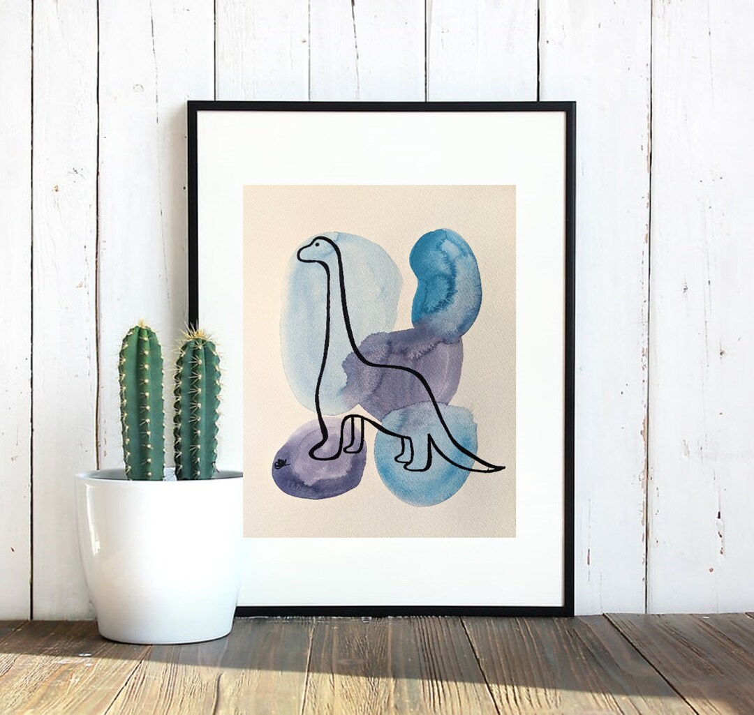 Dinosaur Brontosaurus Drawing Black Marker Watercolor Painting on White ...