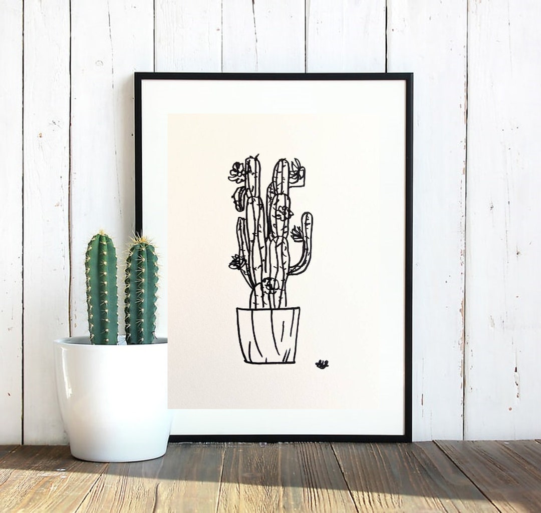 Black Marker Drawing of Cactus Plant on Perle White Paper, Art Piece ...