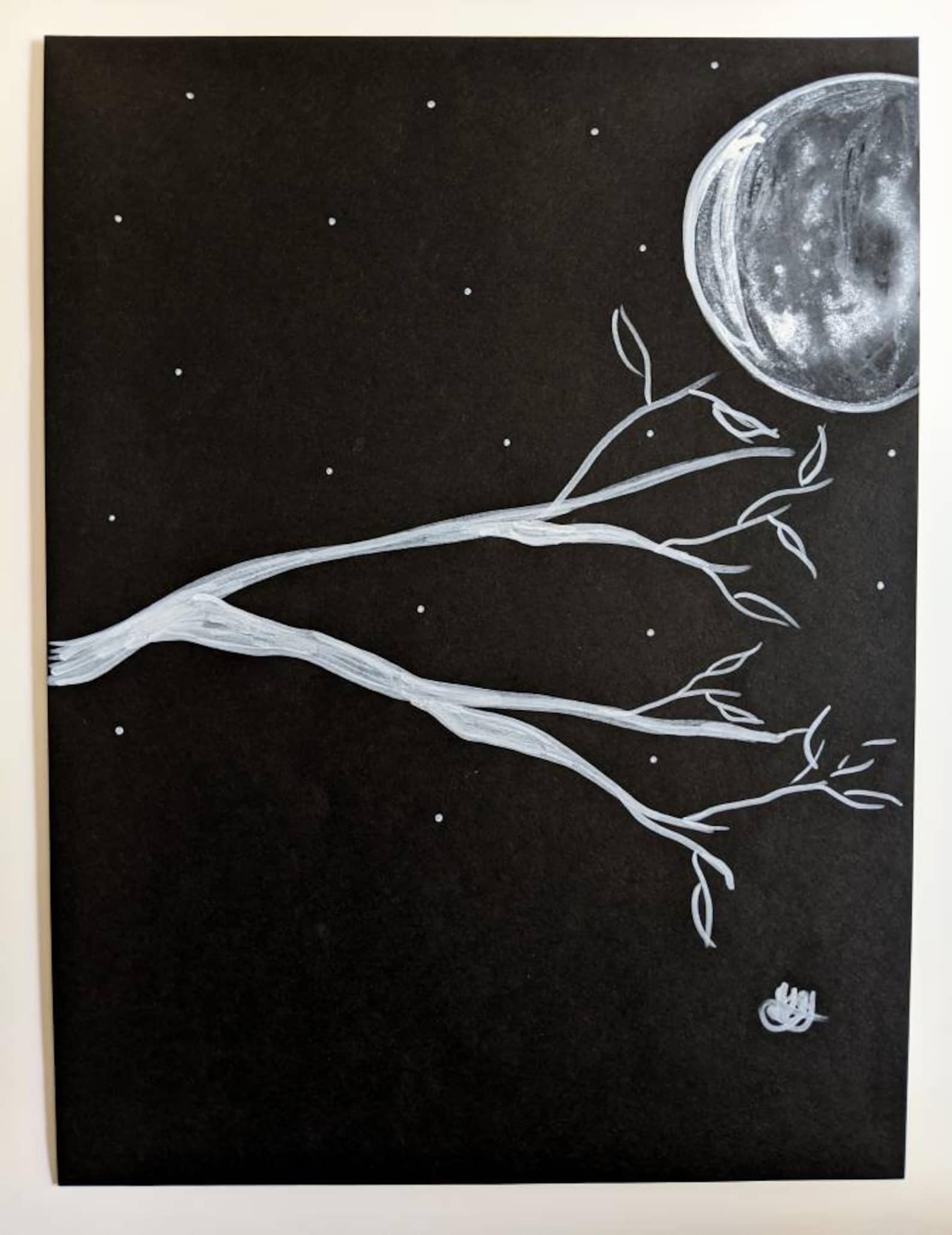 Full Moon Tree White Marker Drawing on Black Paper Decor - Etsy