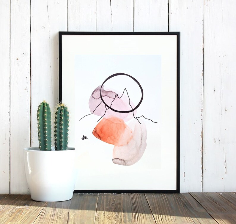 Mountain Sunrise, Black Marker Drawing on Orange Gray Watercolor White ...