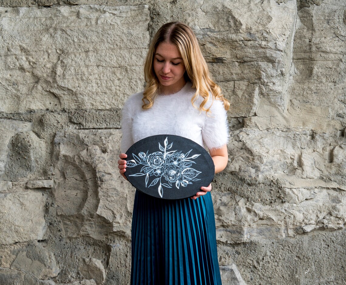 Flower Acrylic Painting Black White on Oval Canvas Art - Etsy