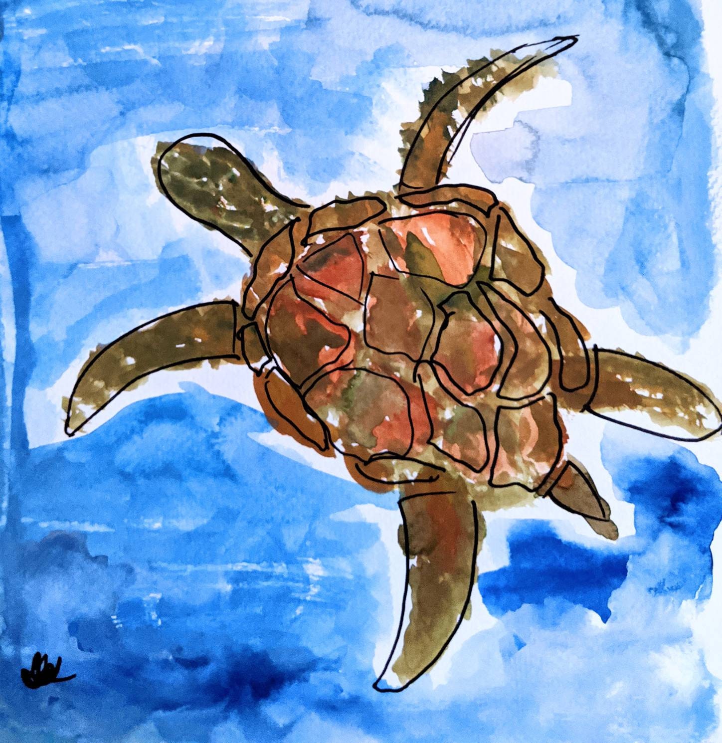 Turtle in water blue watercolor painting black marker | Etsy