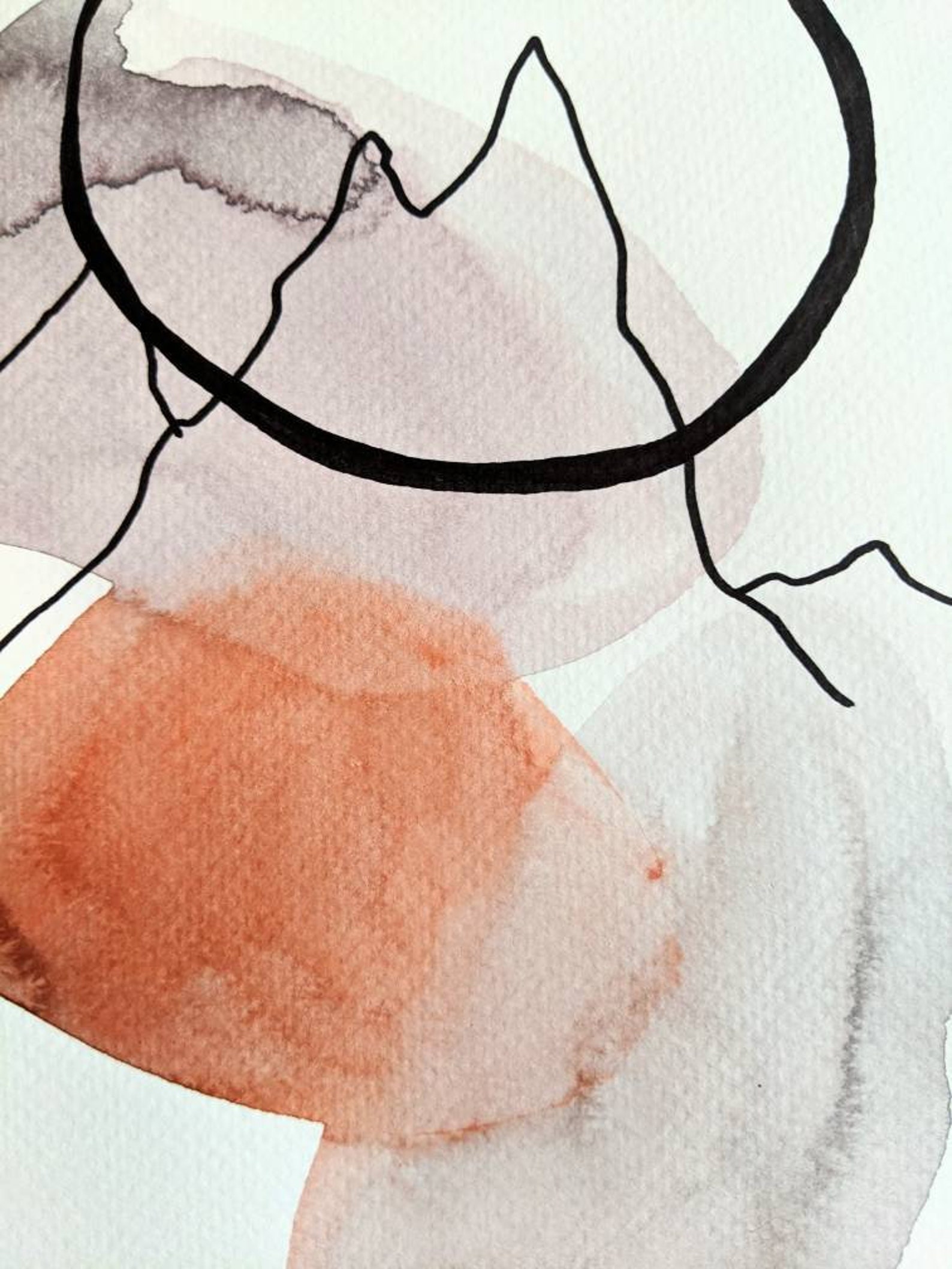 Mountain Sunrise, Black Marker Drawing on Orange Gray Watercolor White ...