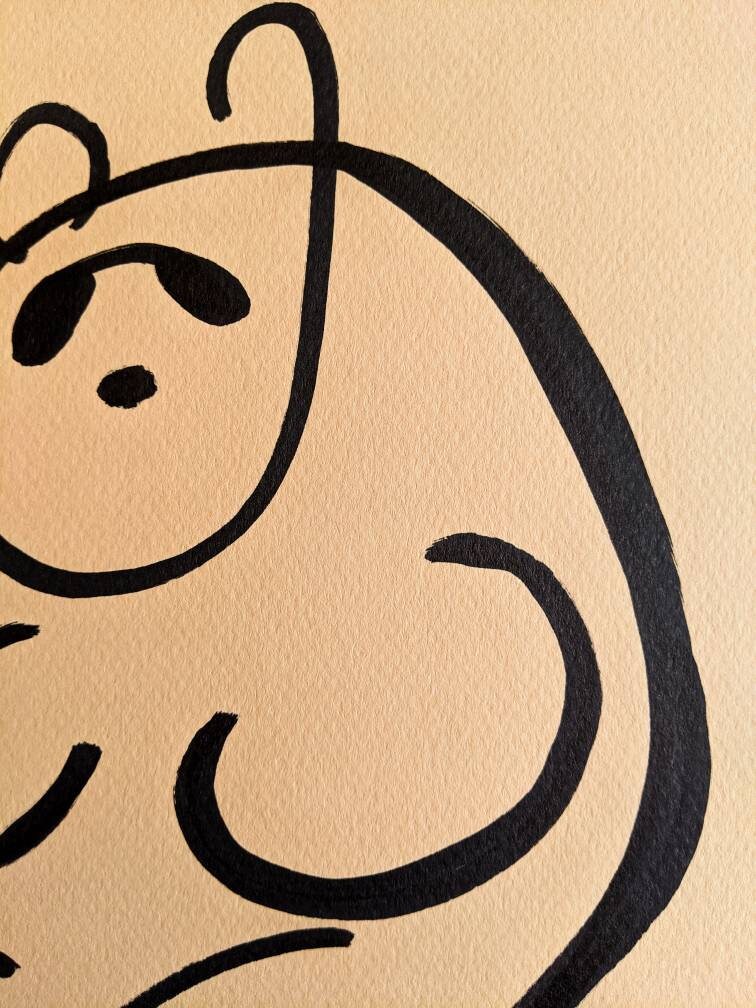 Minimalist Panda Black Marker Drawing on Yellow Mustard - Etsy