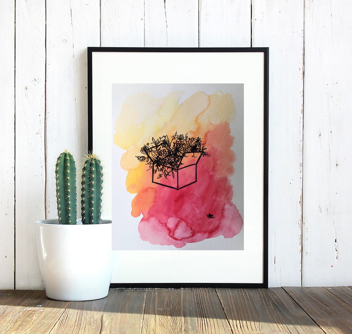 Colorful Flower Box Watercolor Painting, Black Marker Drawing, Decor ...