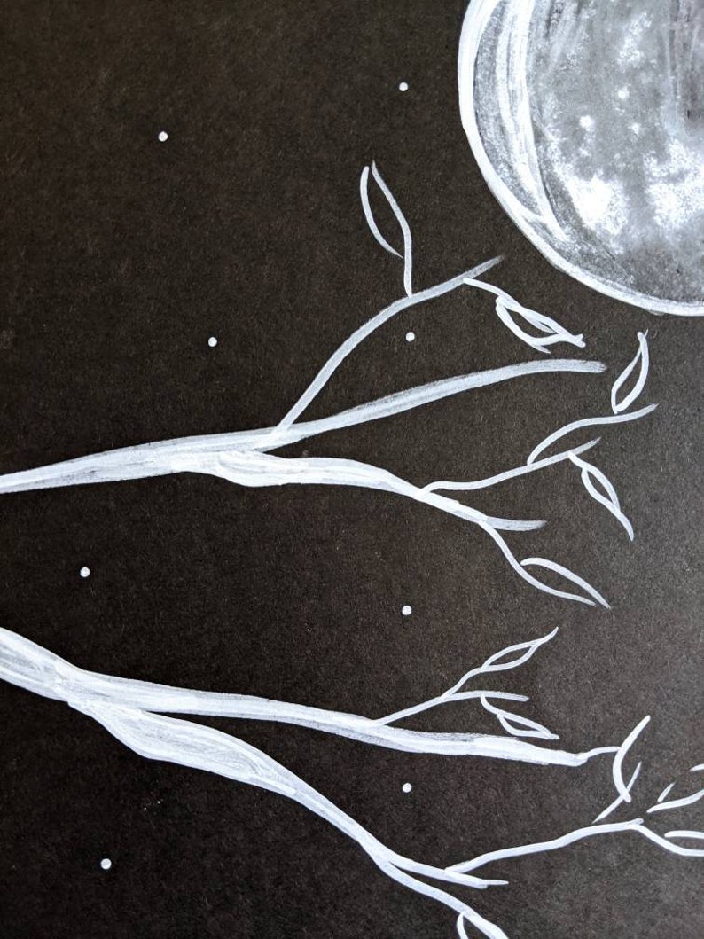 Full Moon Tree, White Marker Drawing on Black Paper, Decor, Original ...
