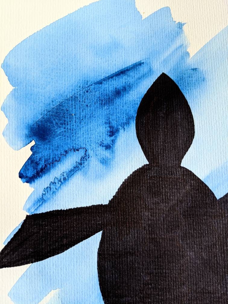 Turtle Blue Watercolor Painting Black Marker Drawing Decor - Etsy