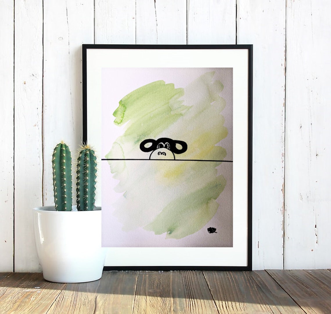 Monkey Head Over Wall, Green Watercolor Painting, Black Marker Drawing ...