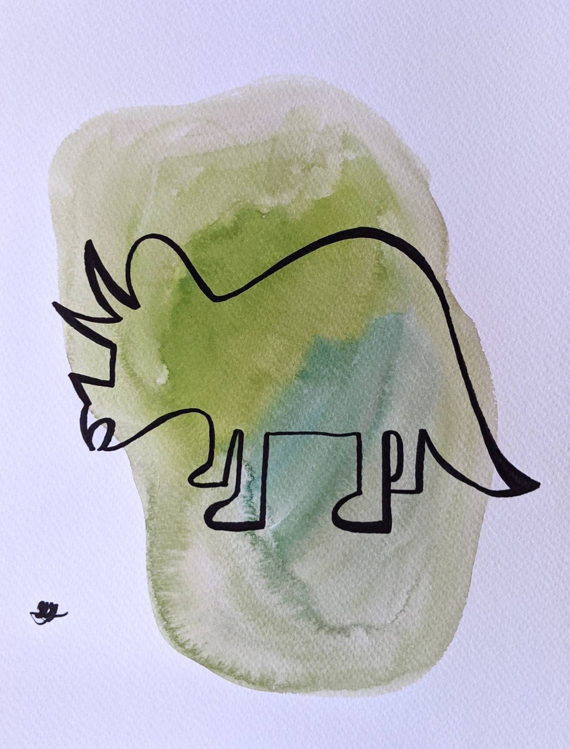 Triceratops Dinosaur Watercolor Painting Black Marker Drawing - Etsy
