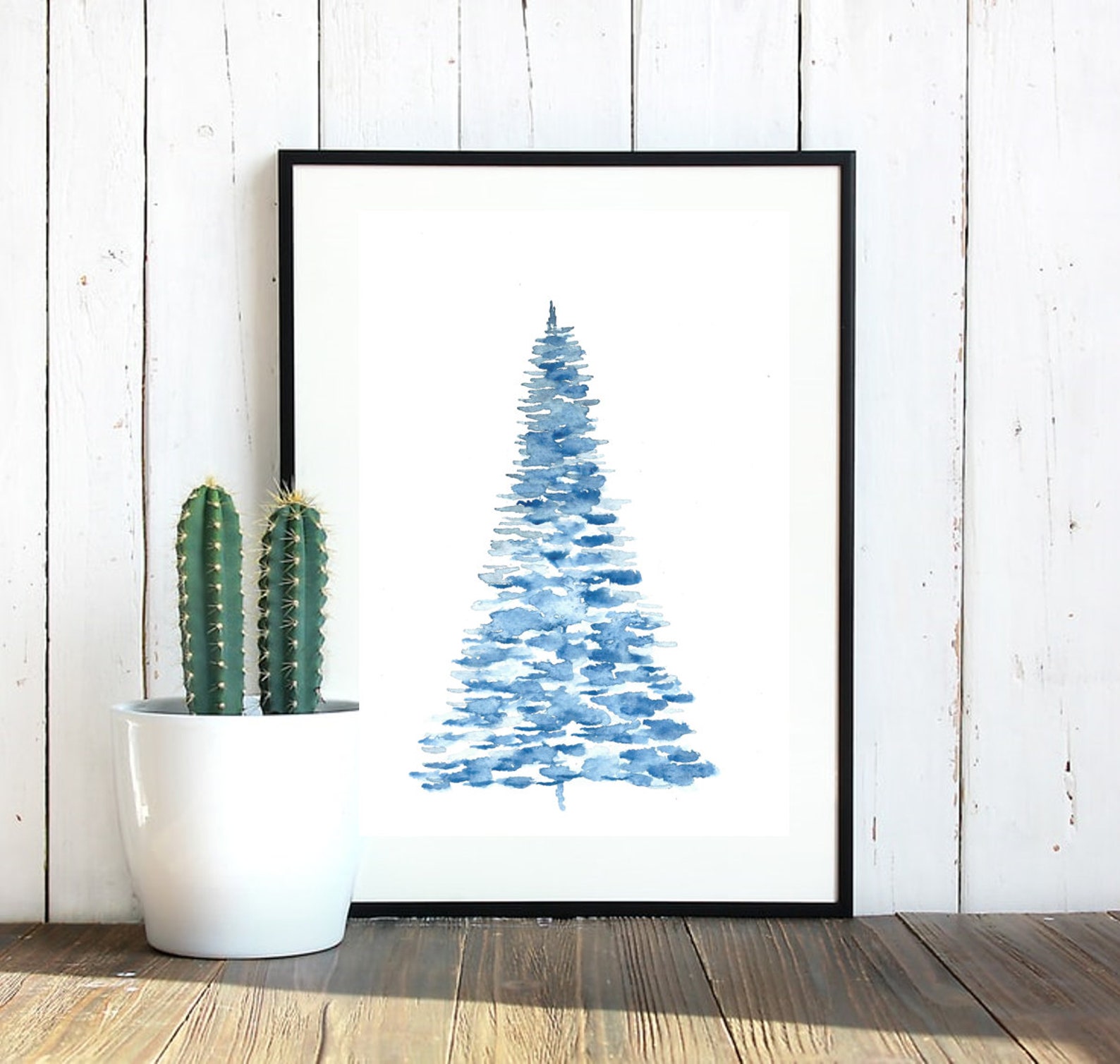 Blue Christmas Pine Tree Watercolor Painting Decor Original - Etsy