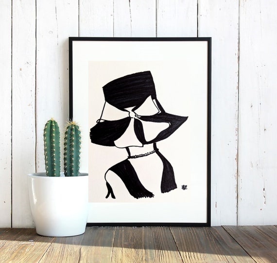 Drawing of the Chic Hat Black Frame Decor Marker Drawing | Etsy