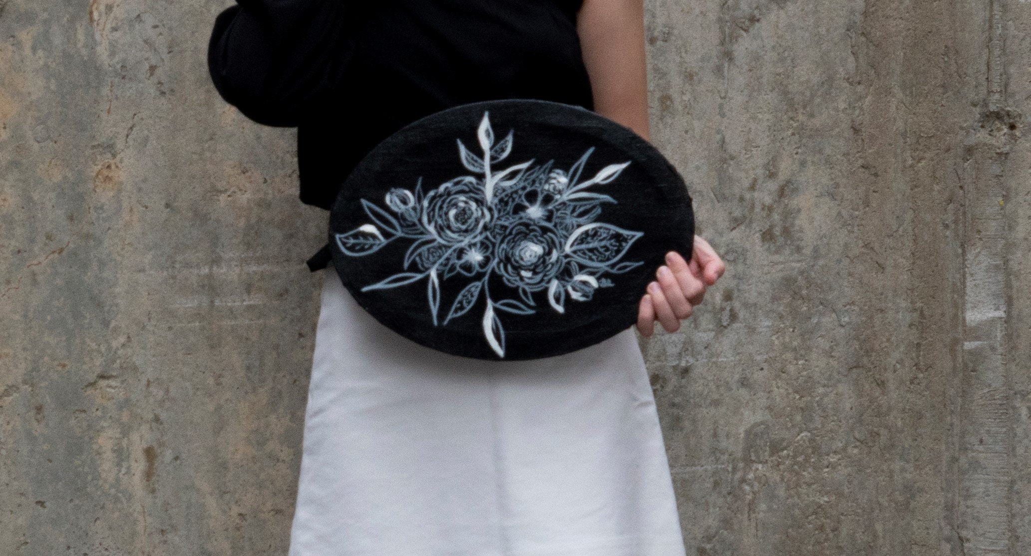 Flower Acrylic Painting Black White on Oval Canvas Art - Etsy