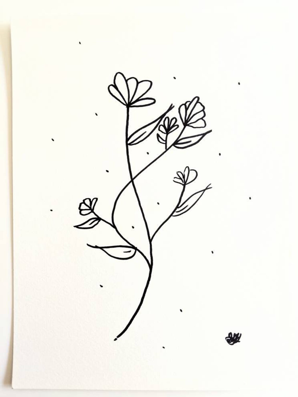 Spring Flowers, Black Marker Drawing of Flowers With Dots on Watercolor ...