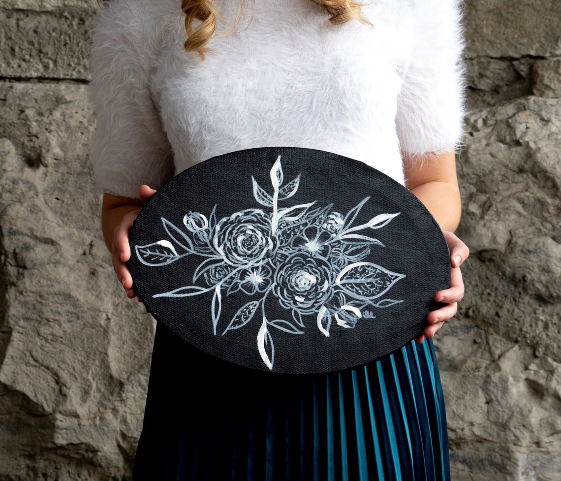 Flower Acrylic Painting Black White on Oval Canvas Art - Etsy