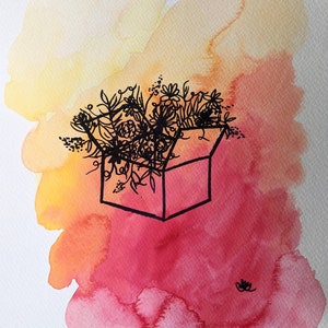 Colorful Flower Box Watercolor Painting, Black Marker Drawing, Decor ...