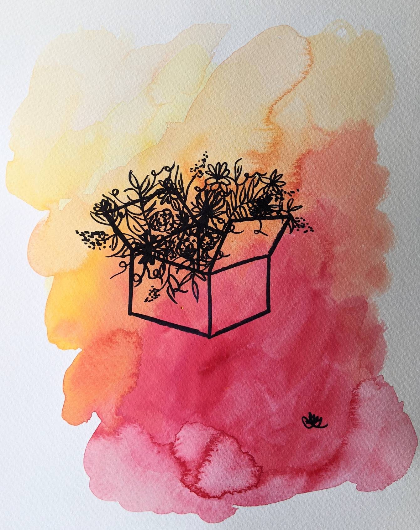 Colorful Flower Box Watercolor Painting Black Marker Drawing - Etsy