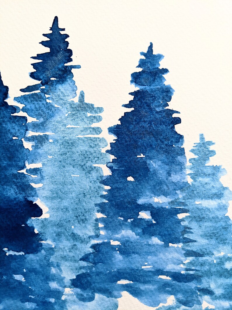 Blue Metallic Pine Tree Forest Watercolor Painting, Original Art, Made ...