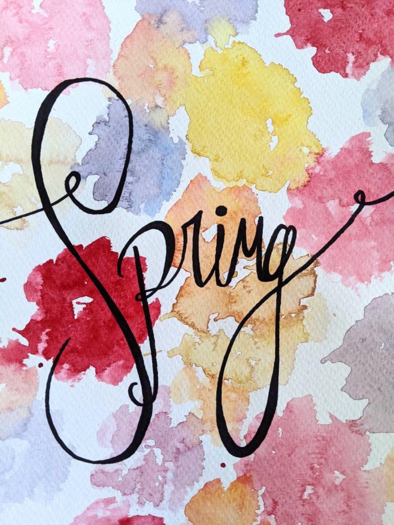 Spring With Flowers, Watercolor Painting, Black Marker Drawing, Decor ...