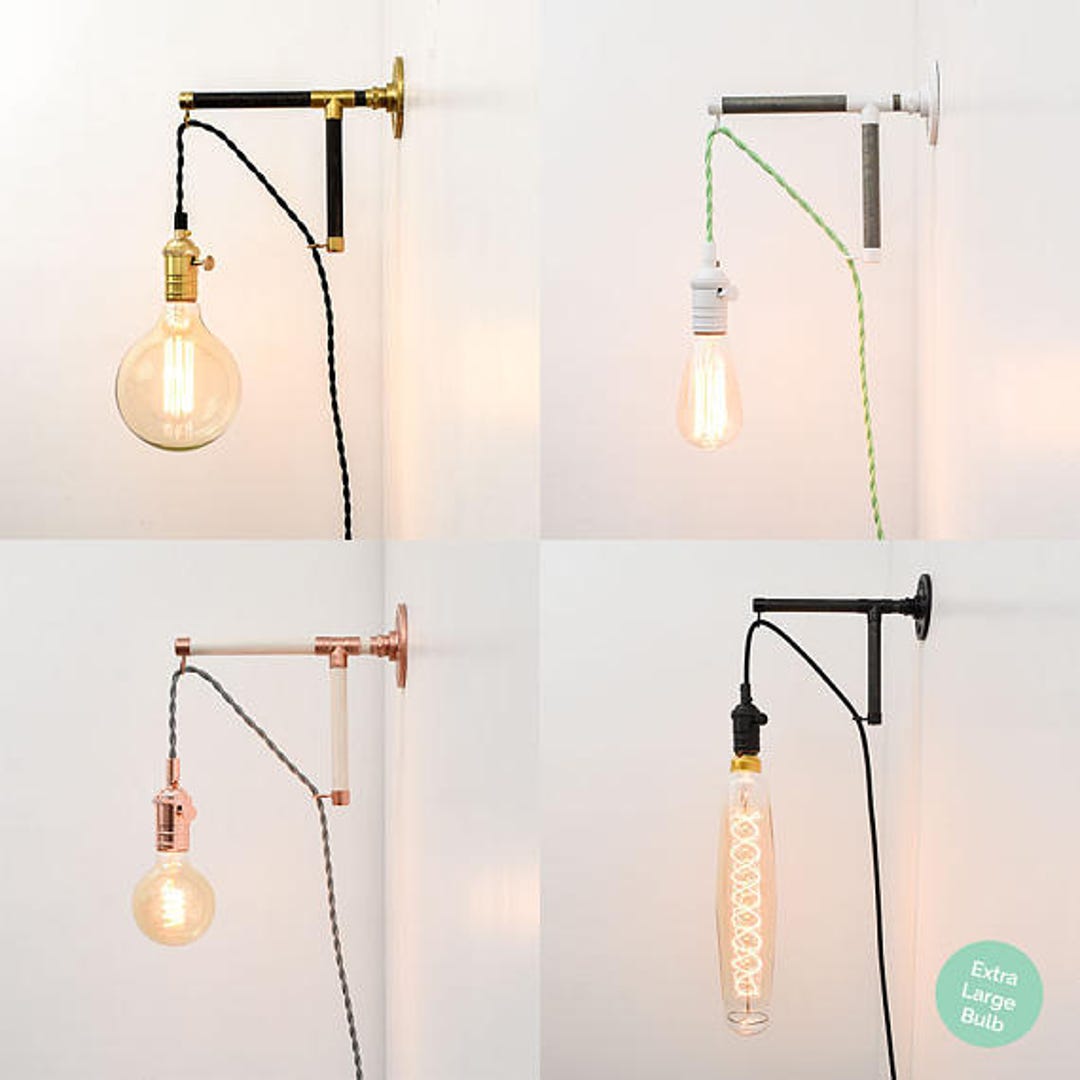 Plug in Wall Sconce Modern Wood Industrial Pipe Custom Colors Brass ...