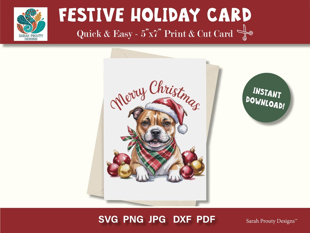 Staffie Christmas Card, Printable Holiday Greeting for Dog Lovers ...