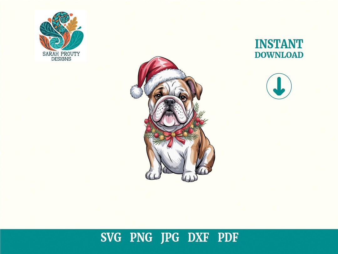 Christmas Bulldog Digital Art, Santa Hat Dog Print, Holiday Pet Clipart ...